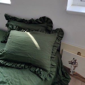 3 Piece Jungle Green Linen Duvet Cover Set. Ruffled Linen Bedding in ...