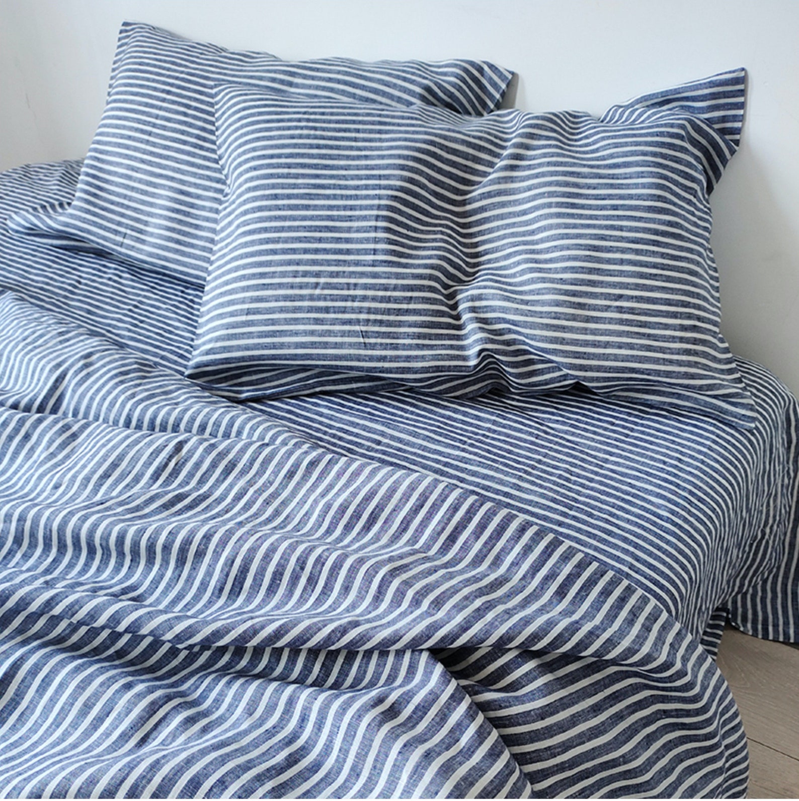Set of 3 Stone Washed Pure Linen, Blue Striped Bedding Linen, Bed Set ...