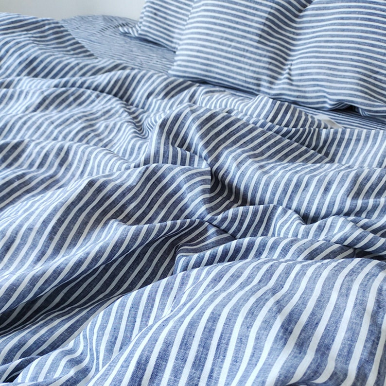 3-piece Stone Washed Pure Linen Bedding Set, Blue Striped Duvet Cover ...