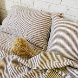 Set of 3 Pre-washed Linen Duvet Cover Set, Brown Striped Bedding Linen ...