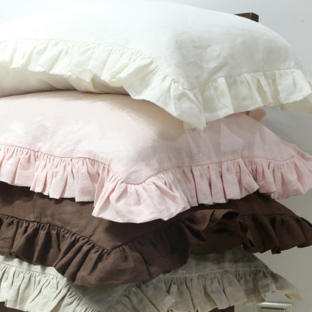 Set of TWO Shabby Chic PRE Washed Linen Ruffled Pillowcases Hand Made ...