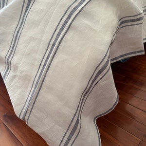 Set of 3 Stone Washed Pure Linen, White and Blue Striped Bedding Linen ...