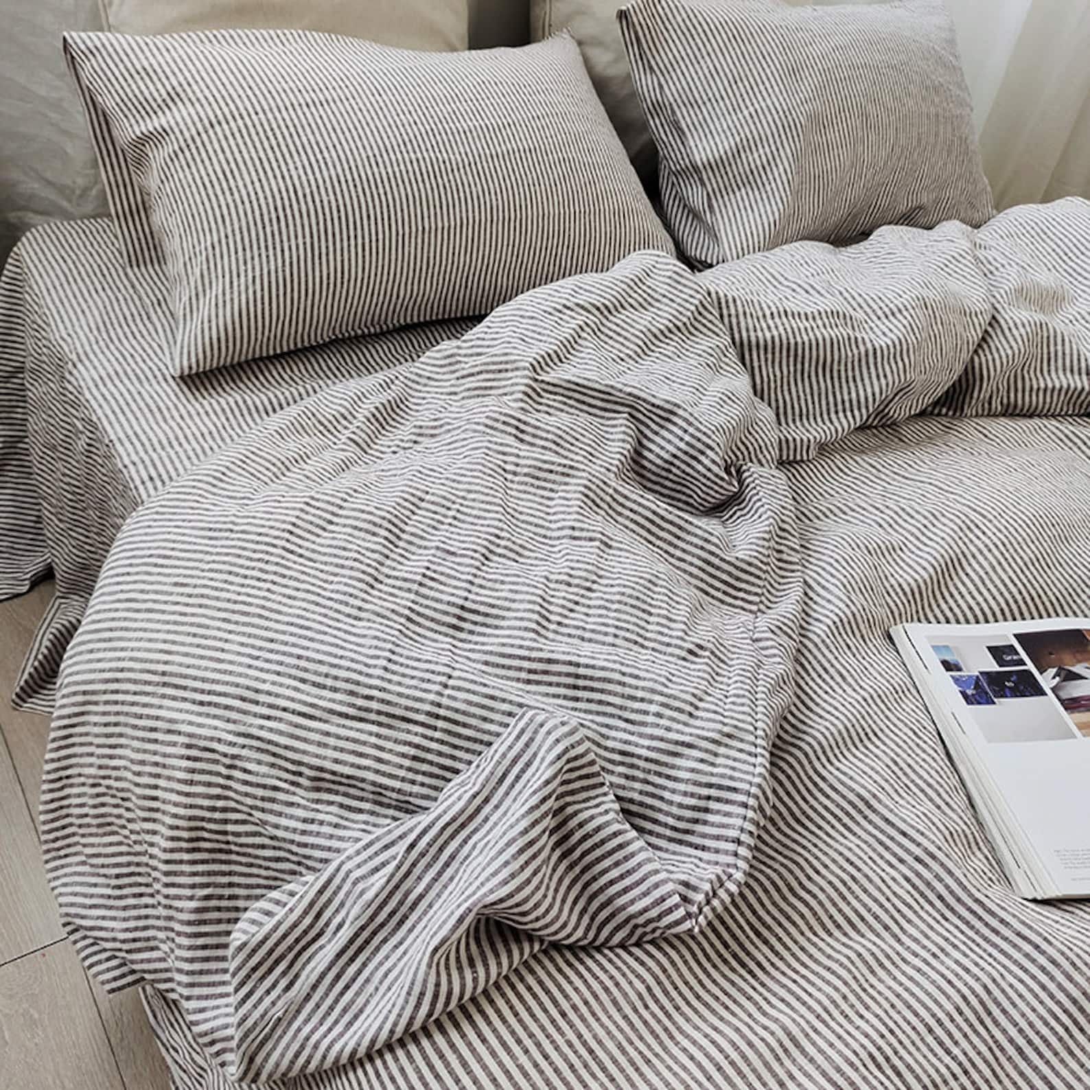 Set of 3 Stone Washed Pure Linen Brown Striped Bedding Linen - Etsy