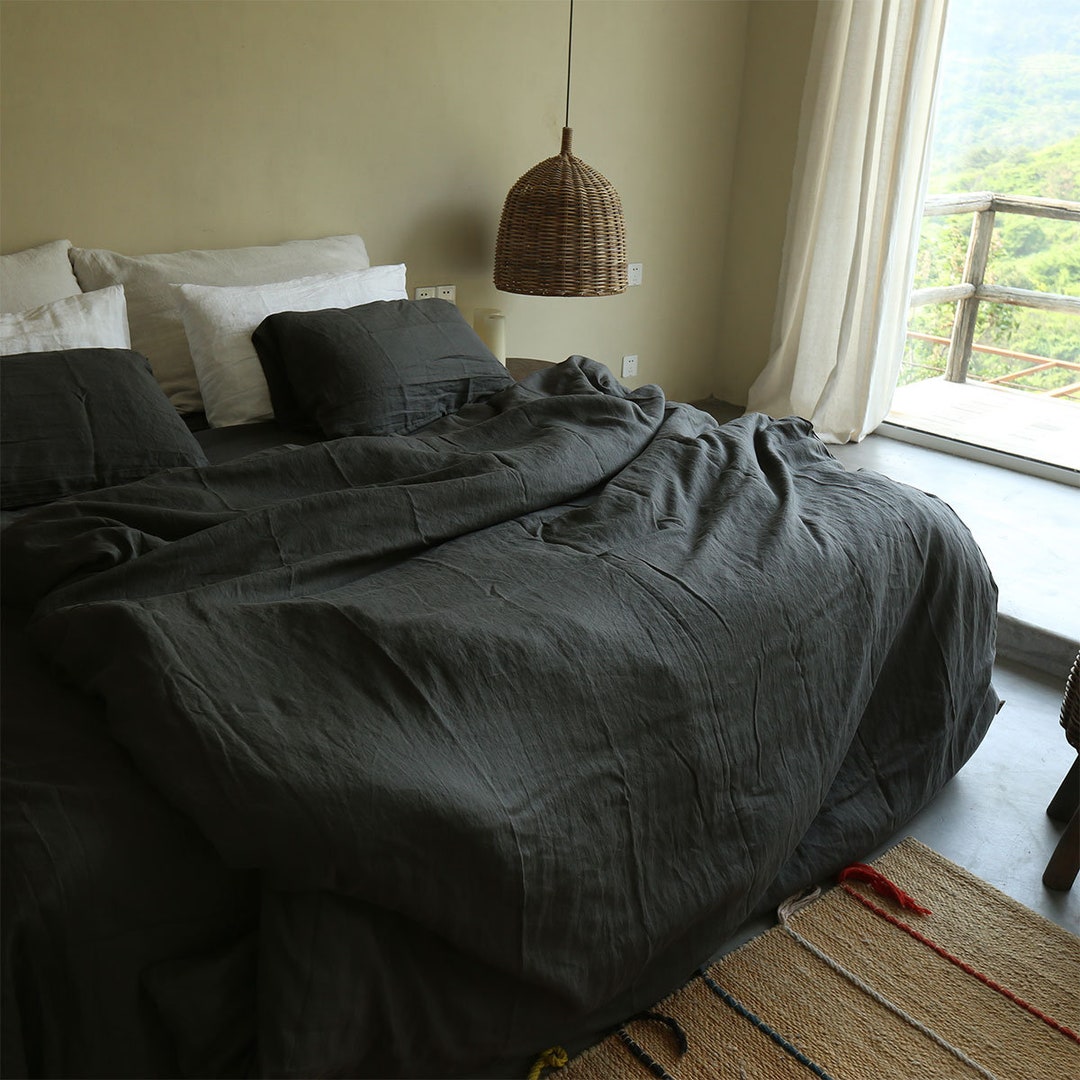 Set of 3 Stone Washed Pure Linen Bed Set Duvet Cover + 2 Pillowcases ...