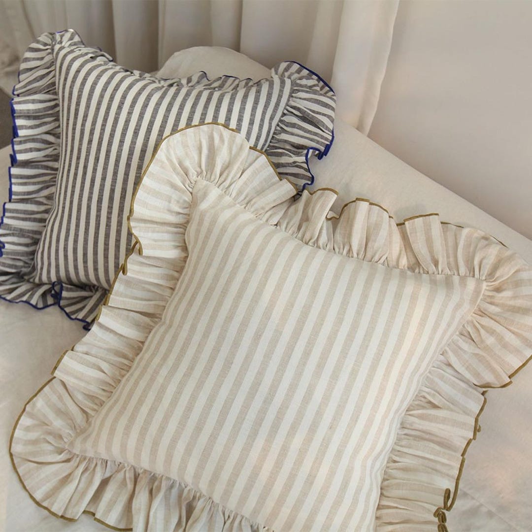 Striped Linen Pillowcase With Ruffles – Handmade Linen Euro Sham With ...
