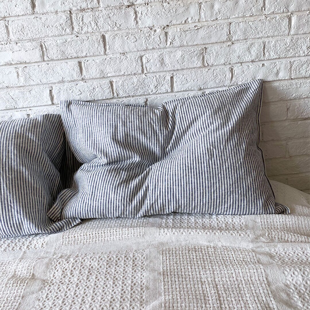 Set of 2 Pre-washed Linen Pillowcase With Double Topstitch, Striped ...