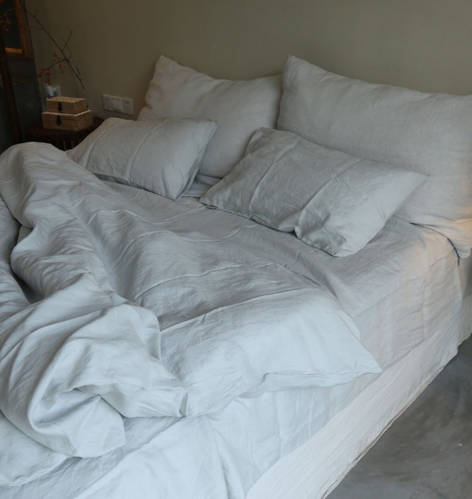 Set of 3 Stone Washed Pure Linen Bed Set Duvet Cover + 2 Pillowcases ...