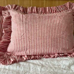 Red and White Stripe Linen Ruffled Pillowcase, Candy Striped Pillow ...