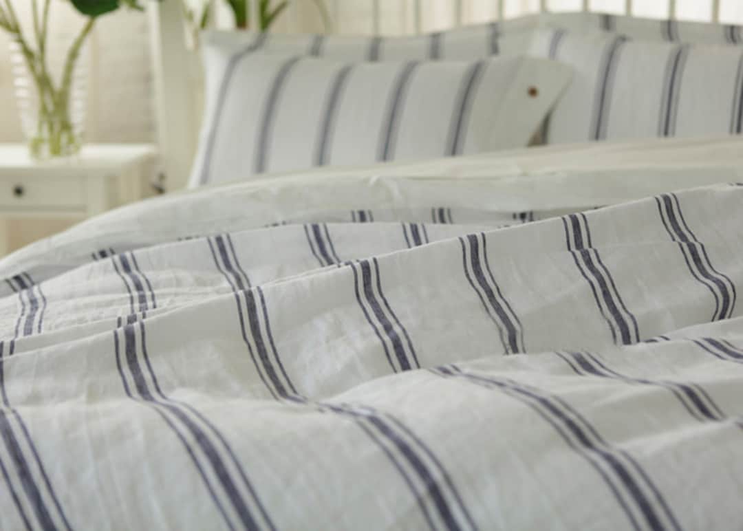 Set of 4 Stone Washed 100% Linen Bedding, Blue and off White Stripes - Etsy