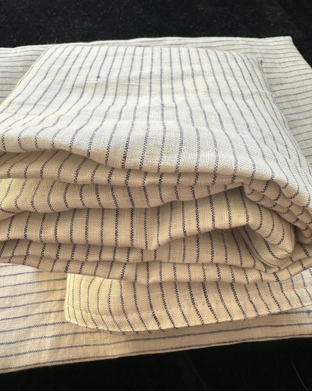 Set of 3 Stone Washed Pure Linen, Thin Navy Pinstripes Bedding Linen ...