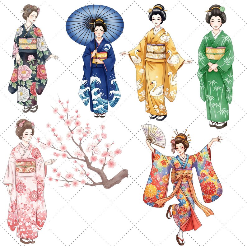 Geisha Clipart PNG: Japanese Kimono Art, Sublimation Design (digital ...
