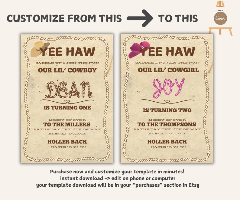 Editable Cowboy Birthday Invitation Template: Kids Bday Party (digital ...