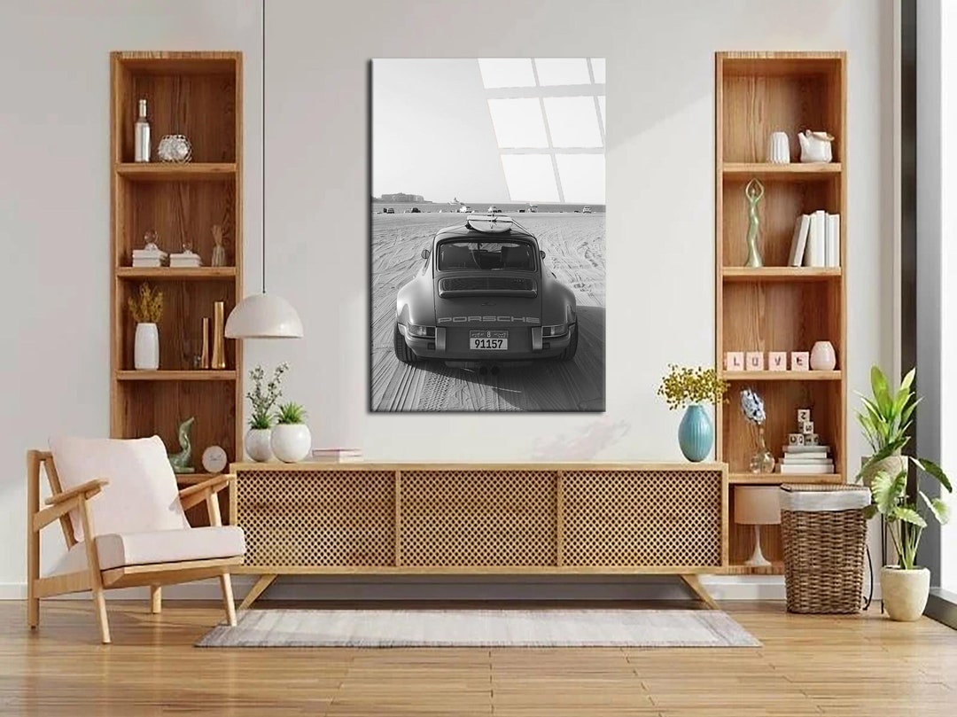 Surfboard on Porsche 911 Tempered Glass Wall Decor, Vintage Porsche 911 ...