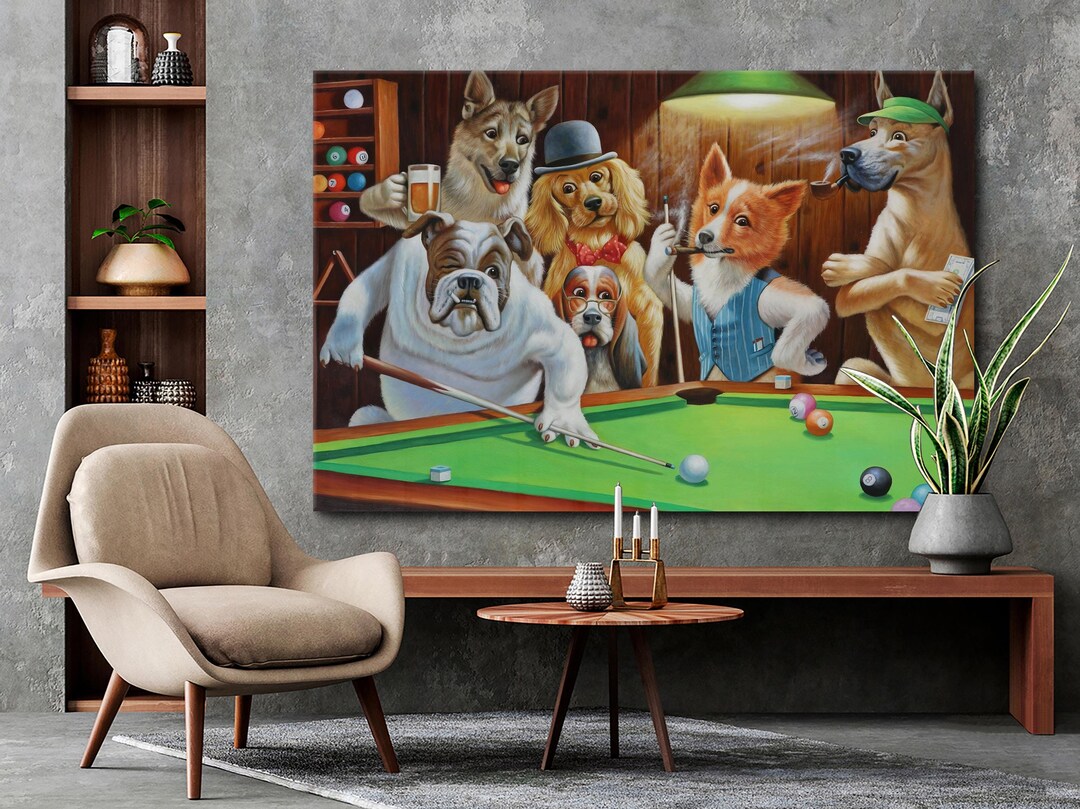 Dogs Playing Pool Billiards Canvas Painting Print Art, Game Room Canvas ...