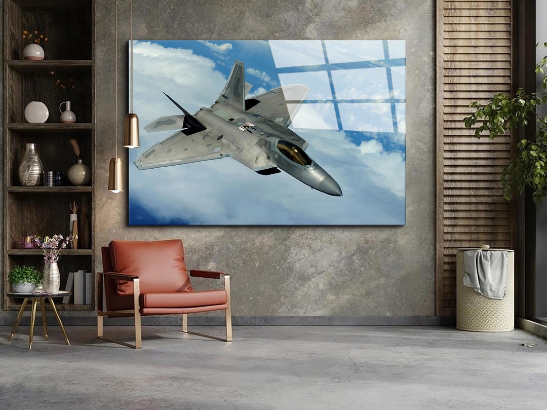 F-22 Raptor Military Fighter Print on Tempered Glass Wall Art, Fighter ...