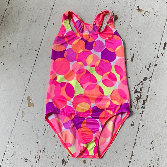 1980s Girls Speedo Day-Glo Neon Geometric Print One P… - Gem