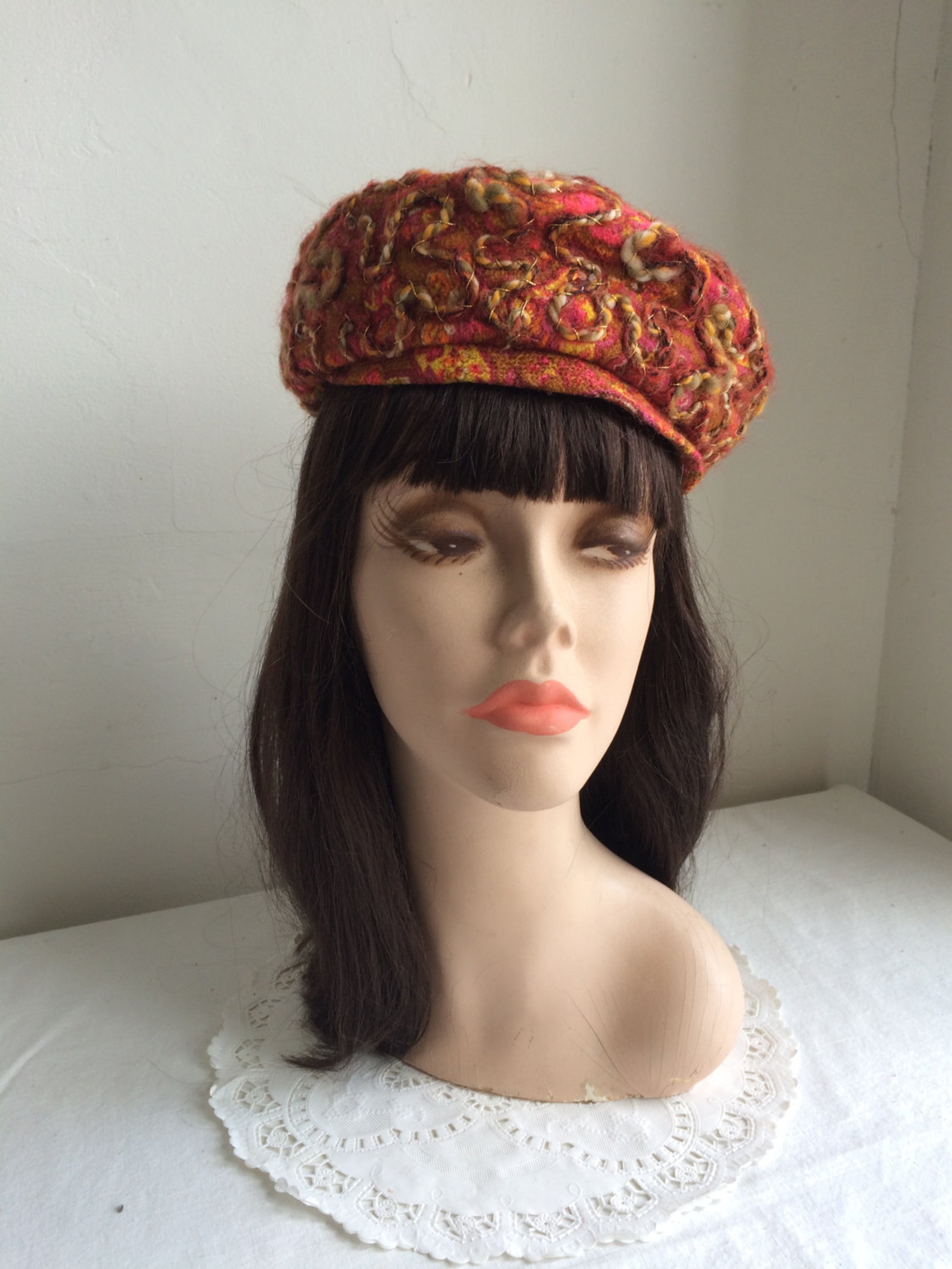 1960s RENEE' Mod Cap Hat Fall Colors Rhinestones and Soutache Trim ...