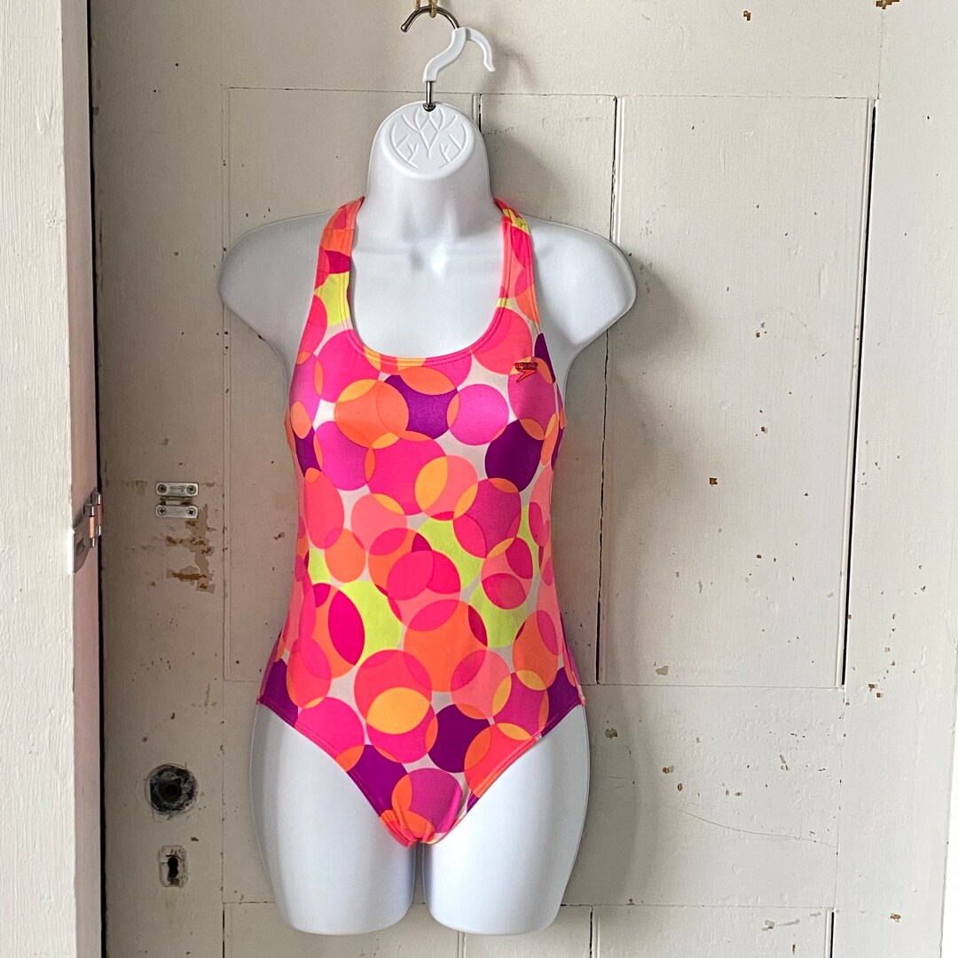 1980s Girls Speedo Day-glo Neon Geometric Print One Piece Swimsuit ...