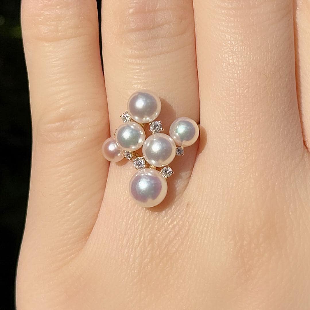 18K Golden Aura Pearl Ring - Yellow Gold Akoya Pearl Cluster Ring ...