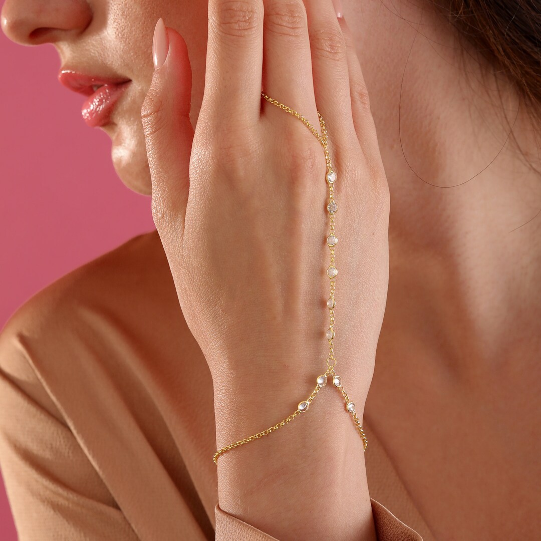 14K Gold Hand Chain Bracelet.hand Chain Ring.finger Bracelet.bridesmaid ...