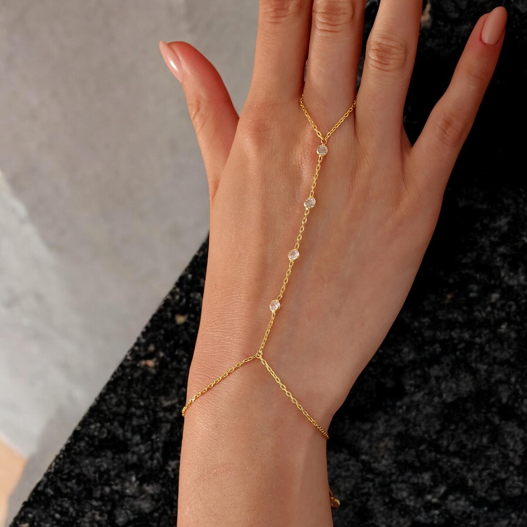 Birthstone Hand Chain Gold Plated Hand Chain Bracelet Hand Chain Ring ...