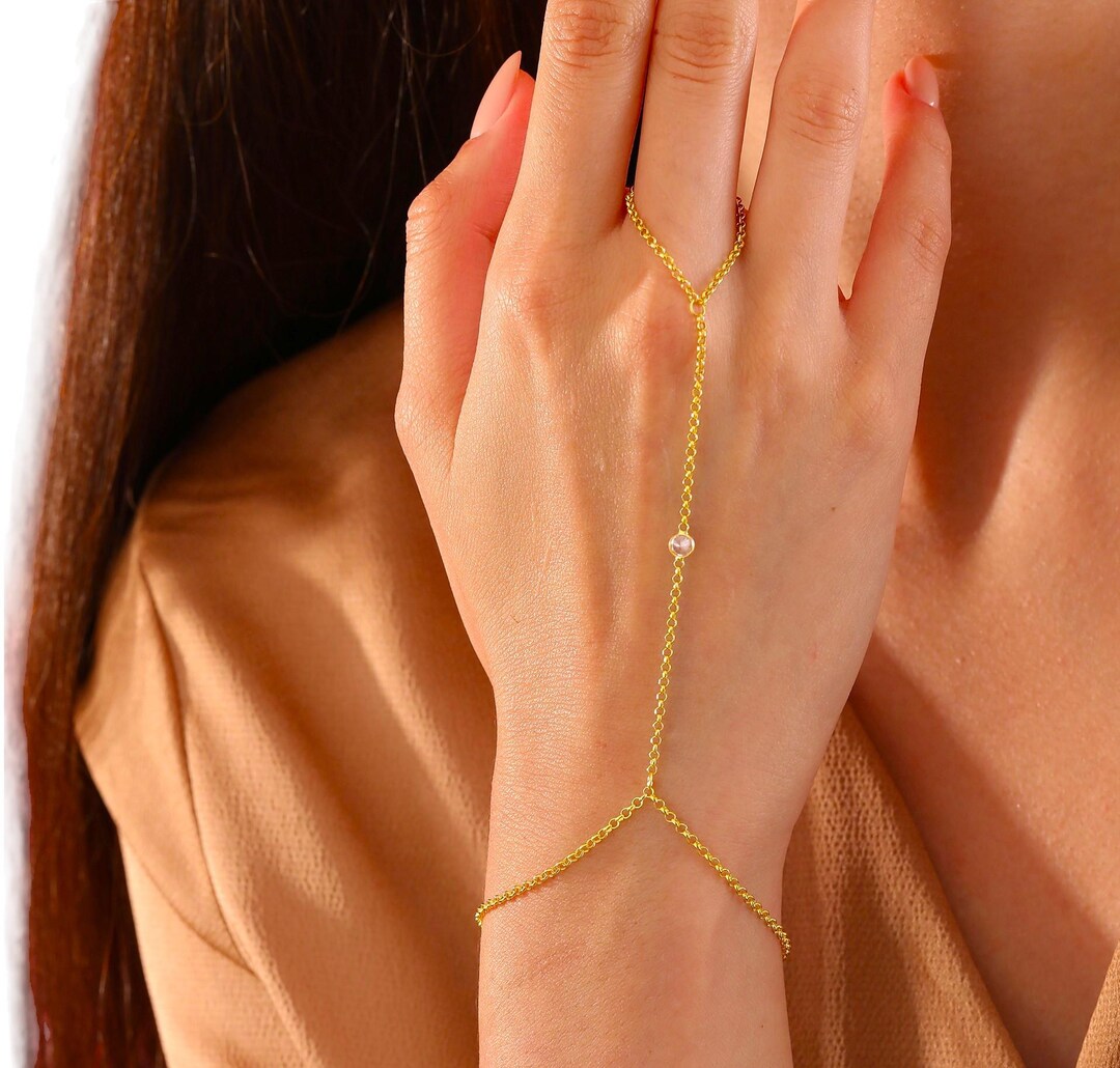 Sterling Silver Hand Chain Bracelet, Zircon Gem, Boho Finger Jewelry - Etsy