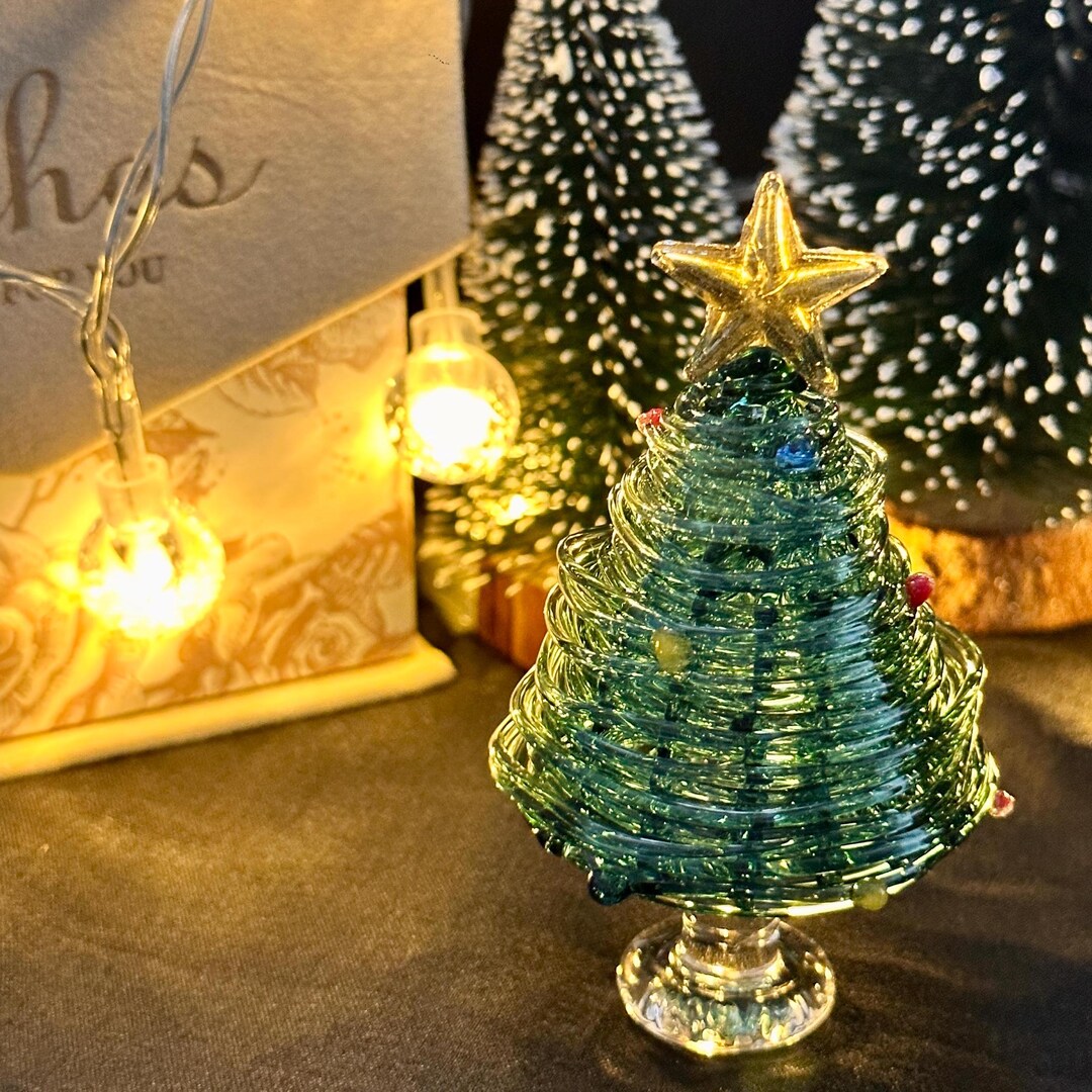 Handmade Glass Christmas Tree Statue, Green Glass Tree Decoration ...