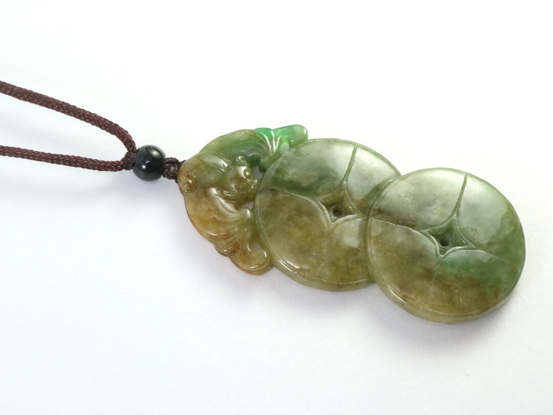 福在眼前 Fortune Bat Double Coin Jadeite Vintage Carved Pendant Necklace ...
