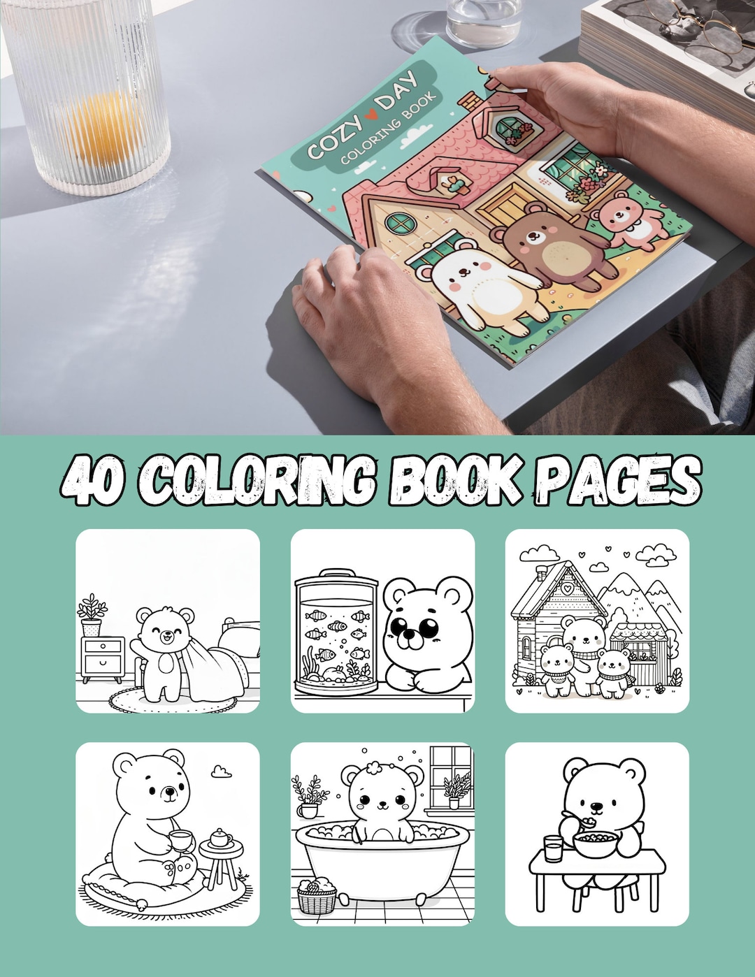 Cozy Bear Coloring Book: 40 Pages Adorable, Relaxing Scenes. - Etsy