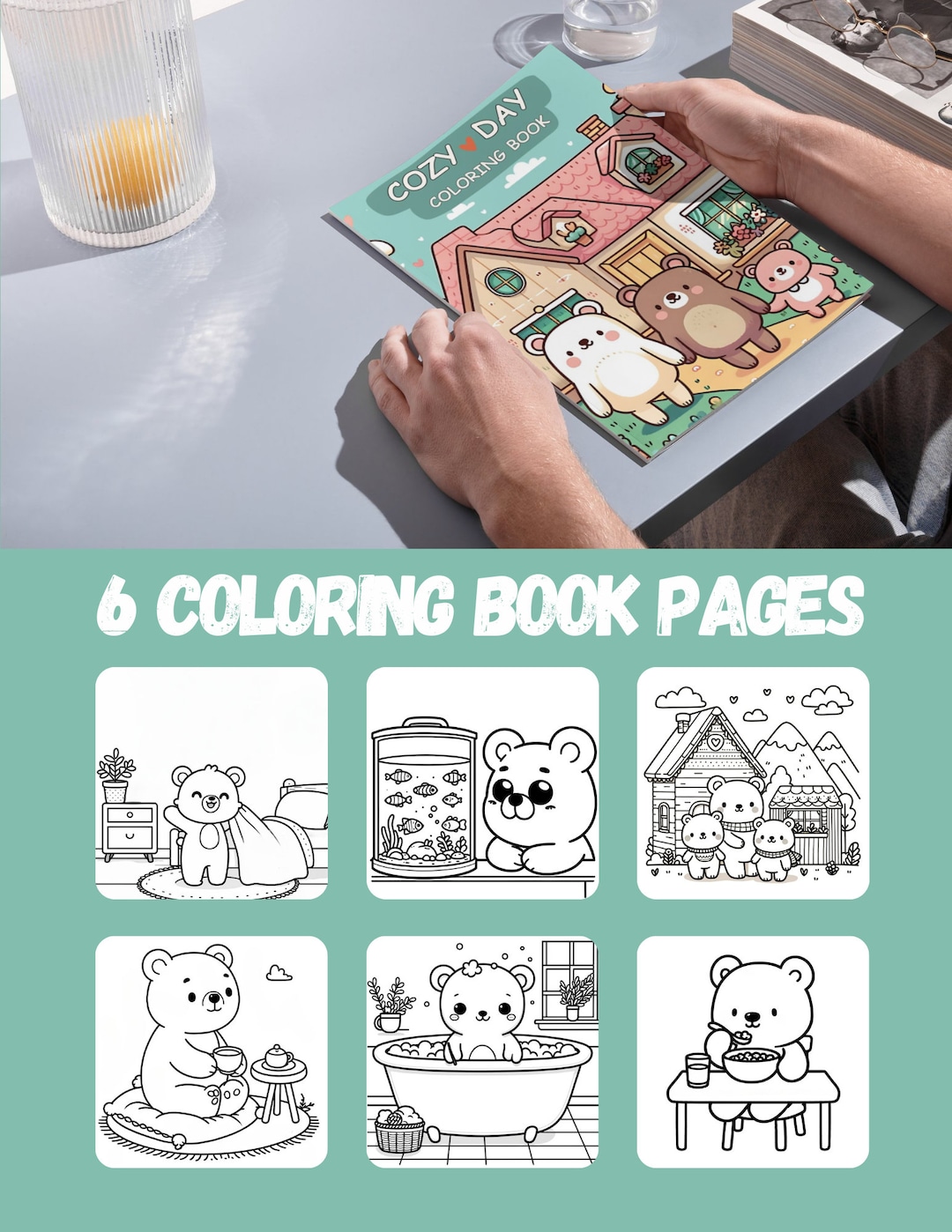 Cozy Bear Coloring Book: 6 Pages Adorable, Relaxing Scenes. - Etsy