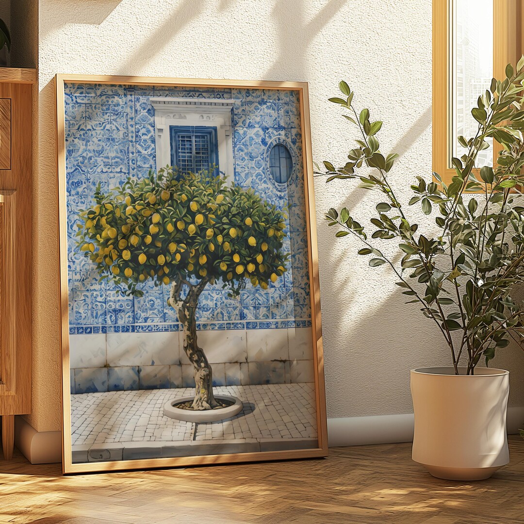 Lemon Tree Digital Print, Euro Summer Poster, Greece Wall Art, Blue ...
