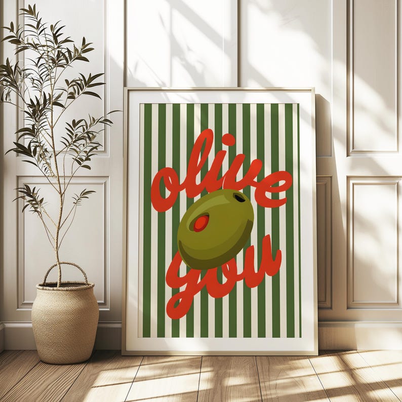 Olive You Wall Art | Funny Olive Pun Poster | Cute Kitchen Decor ...