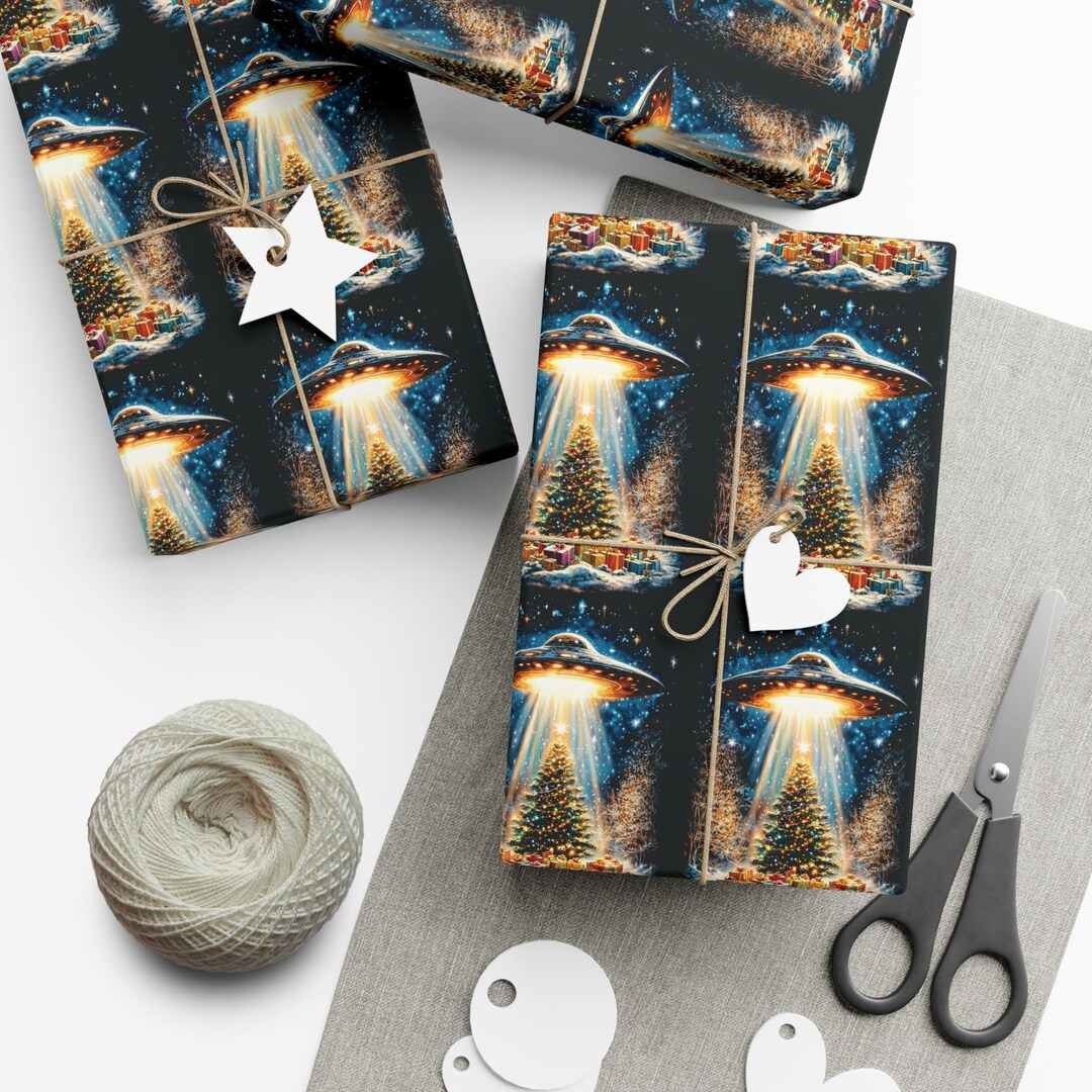 UFO Abducting Christmas Presents Wrapping Paper Holiday White Elephant ...