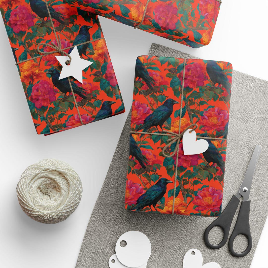 Botanical Crow Raven Wrapping Paper Bird Crow Lover Gift Wrap Corvid ...