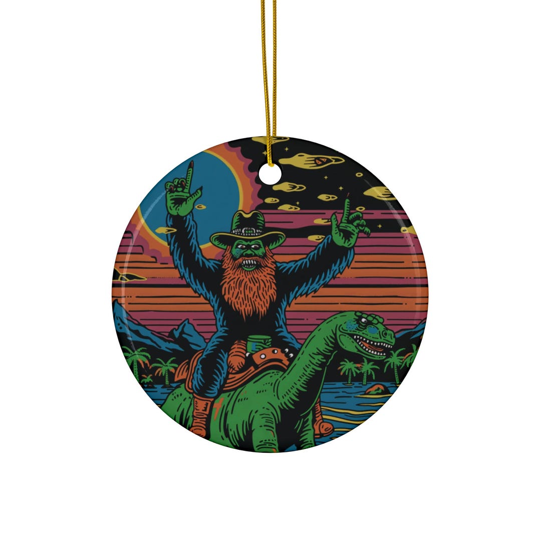 Bigfoot Riding Dinosaur Ornament White Elephant Gift Cryptid Bigfoot ...