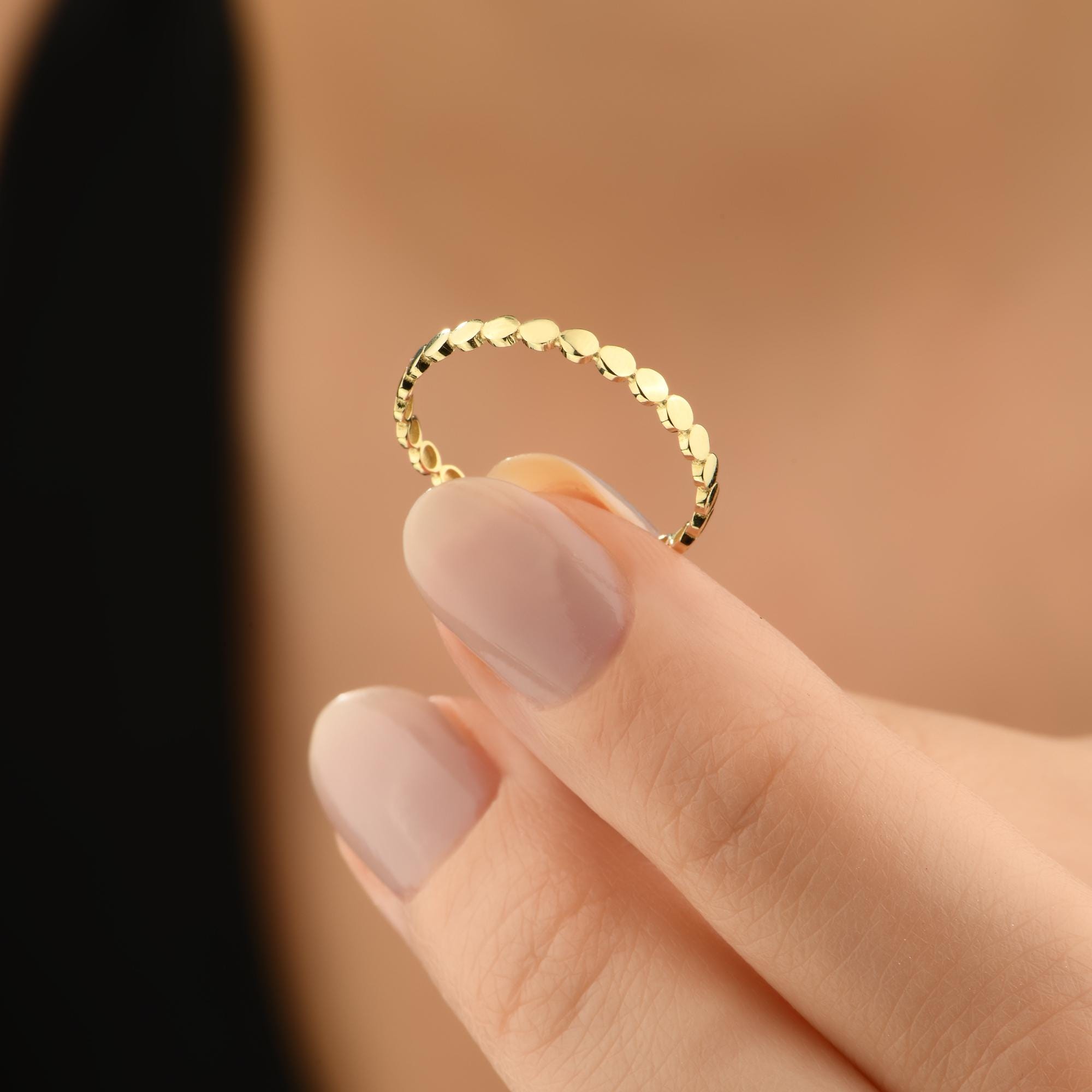 14k Solid Gold Flat Beaded Ring, Thin Pointer Finger Ring, Unique Thumb ...