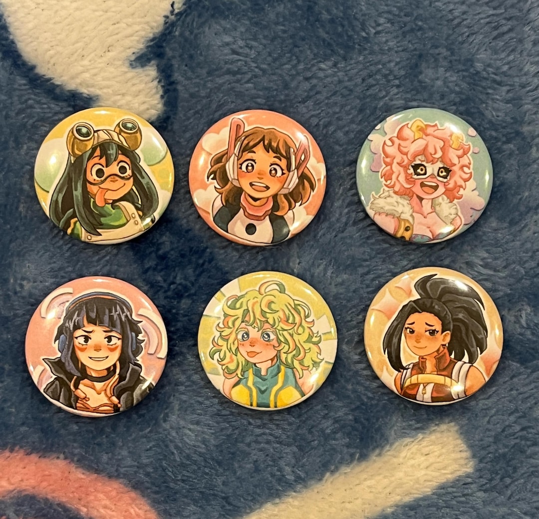 MHA Girls || 1x1 Pin-back Buttons || Uraraka, Tsuyu, Jirou, Yaoyorozu ...