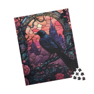 Fantasy Stained Glass Raven Puzzle | Pink Roses Fairytale Castle Puzzle ...