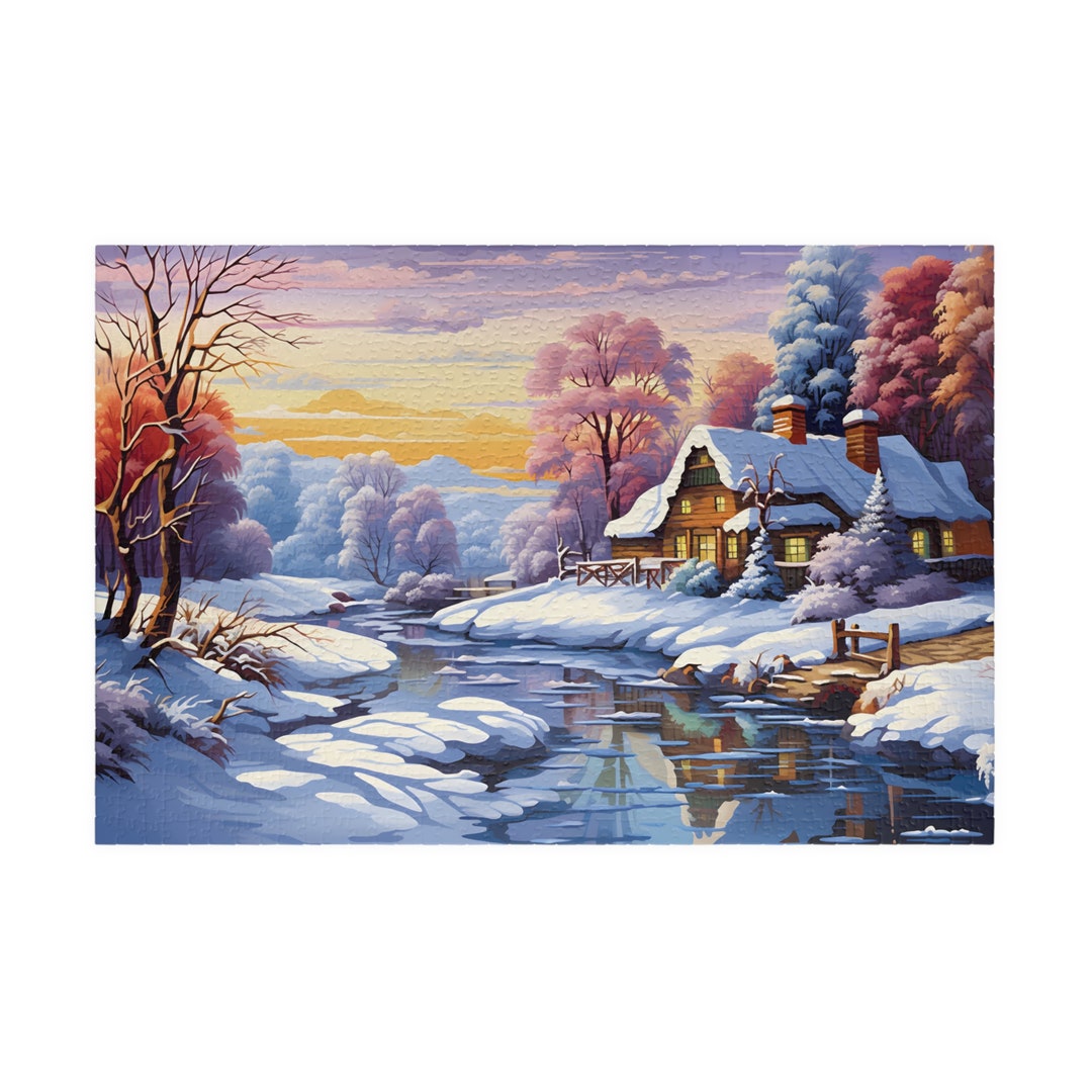 Pretty Winter Cabin Jigsaw Puzzle, Paint by Numbers Style Puzzle for ...