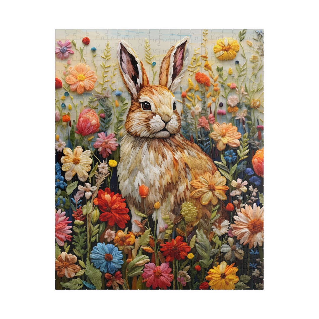 Embroidered Bunny Rabbit & Flowers Puzzle, Vibrant Colors 500 Piece ...