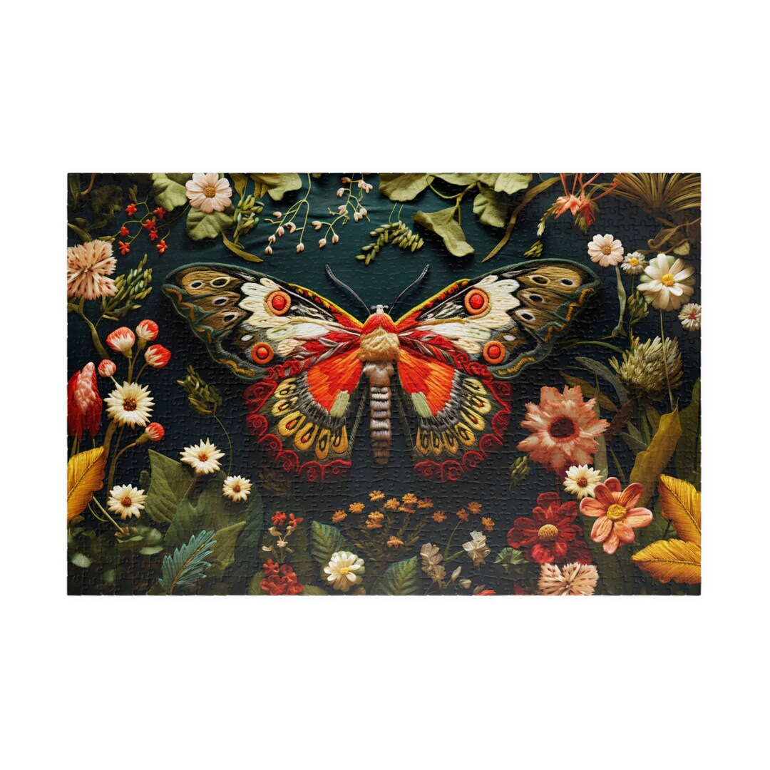 Moth & Flowers Embroidered Jigsaw Puzzle for Adults, 1000 Piece ...