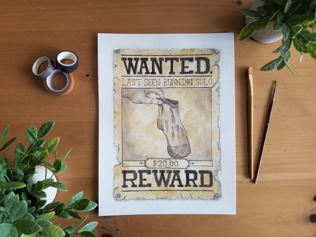 Humorous Missing Sock Wanted Poster - Original 9x12 Watercolor Painting ...