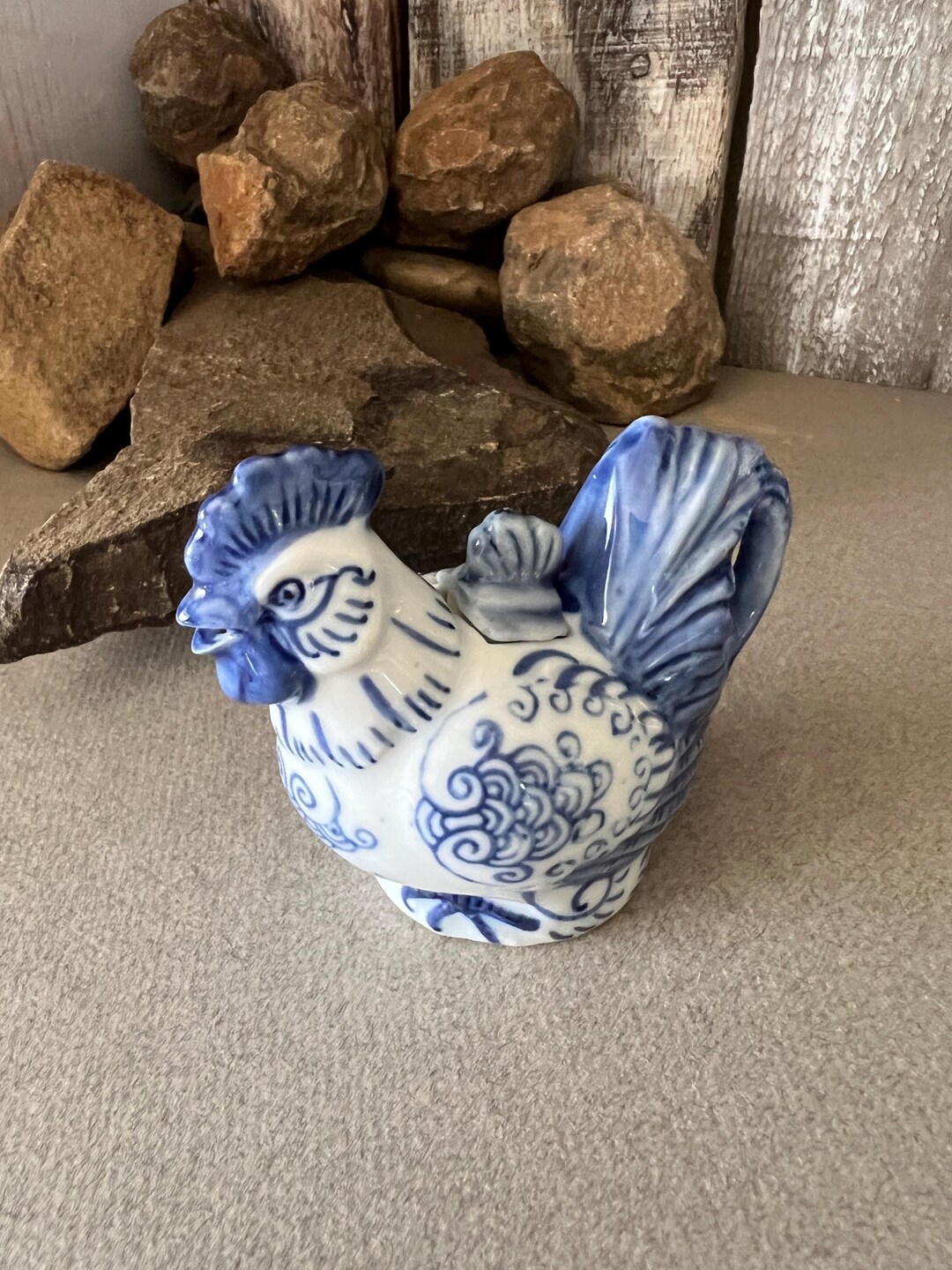 Vintage Chicken Creamer With Lid, White and Blue Ceramic, Excellent ...