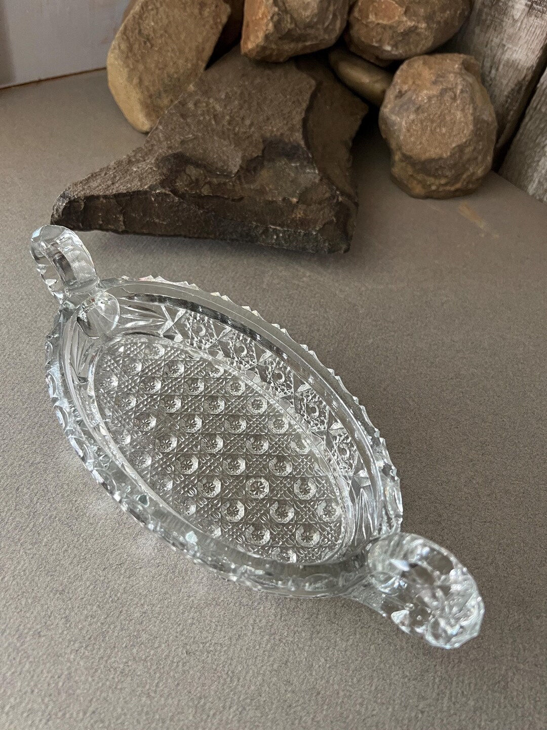 2 Handles Clear Cut Glass Olive or Pickle Table Top Wear, Vintage, 9 X ...