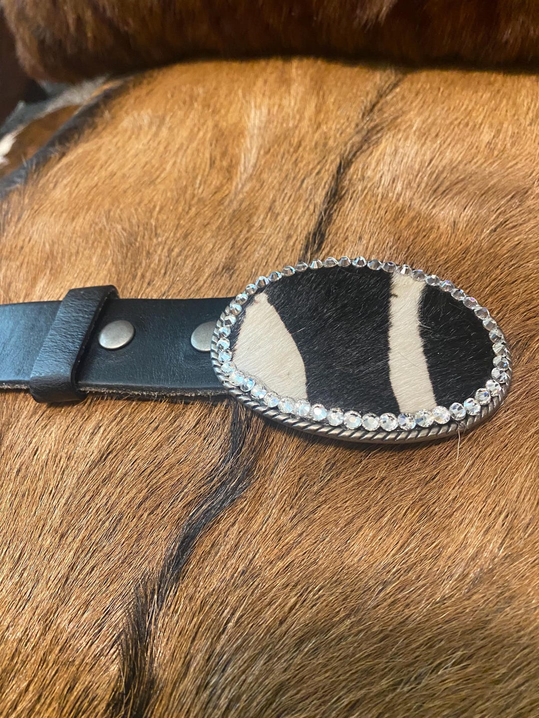 Classic Western Cowboy Belt Buckle - Cowhide With Rhinestones - Etsy