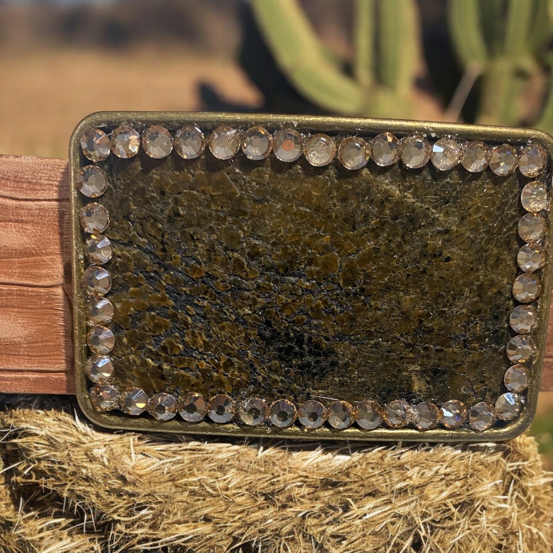 Western Cowboy Belt Buckle - Cowhide With Honey Rhinestones - Etsy