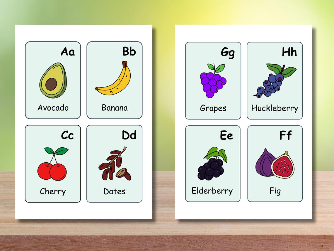 Fruits Alphabet Kids Vocabulary Flashcards, Printable Alphabet Flash ...