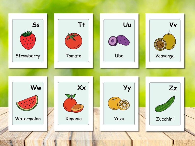 Fruits Alphabet Kids Vocabulary Flashcards, Printable Alphabet Flash ...