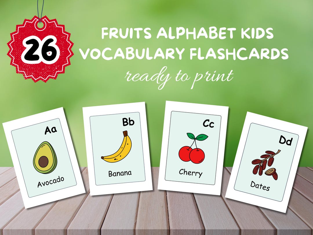 Fruits Alphabet Kids Vocabulary Flashcards, Printable Alphabet Flash ...