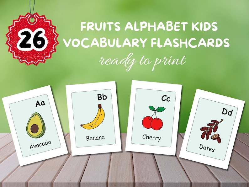 Fruits Alphabet Kids Vocabulary Flashcards, Printable Alphabet Flash ...